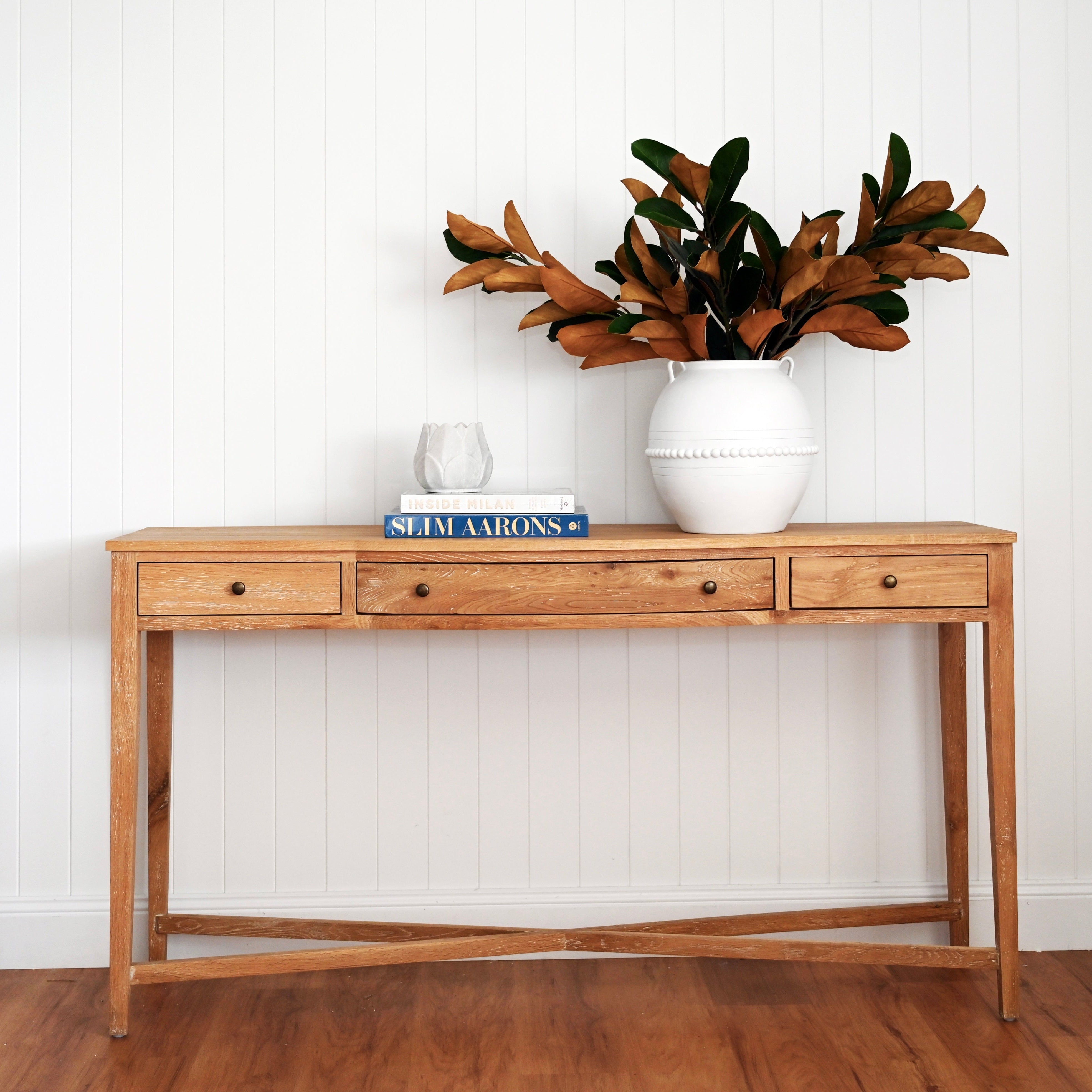 Buy Hamptons Three Drawer Console Tables | 'Asher' Console Table in Oak
